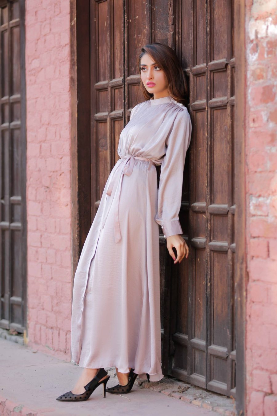 Chamose silk frock adorned with pearls on shoulder and cuffs – Ras