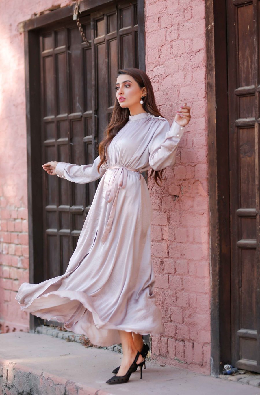 Chamose silk frock adorned with pearls on shoulder and cuffs – Ras
